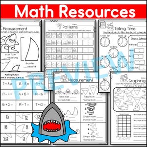 Shark Day Themed Activities and Worksheets: Back to School Review Math ...