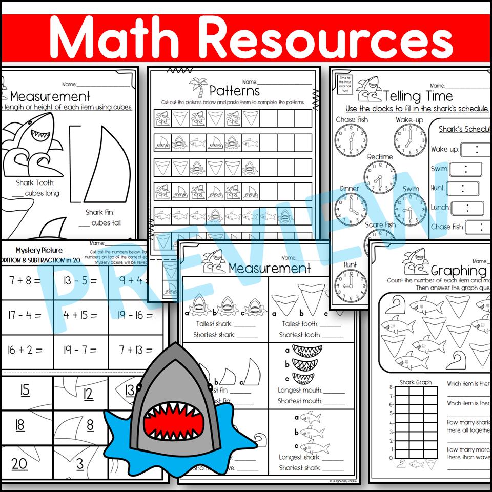 Shark Day Themed Activities and Worksheets: Back to School Review Math ...