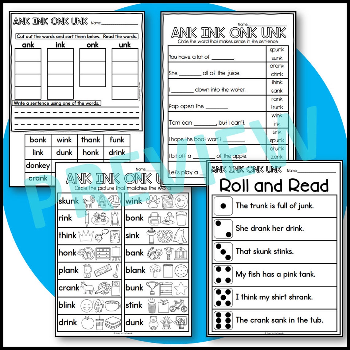 Ank, Ink, Onk, and Unk Worksheets: Cut and Paste Sorts, Cloze, Read ...