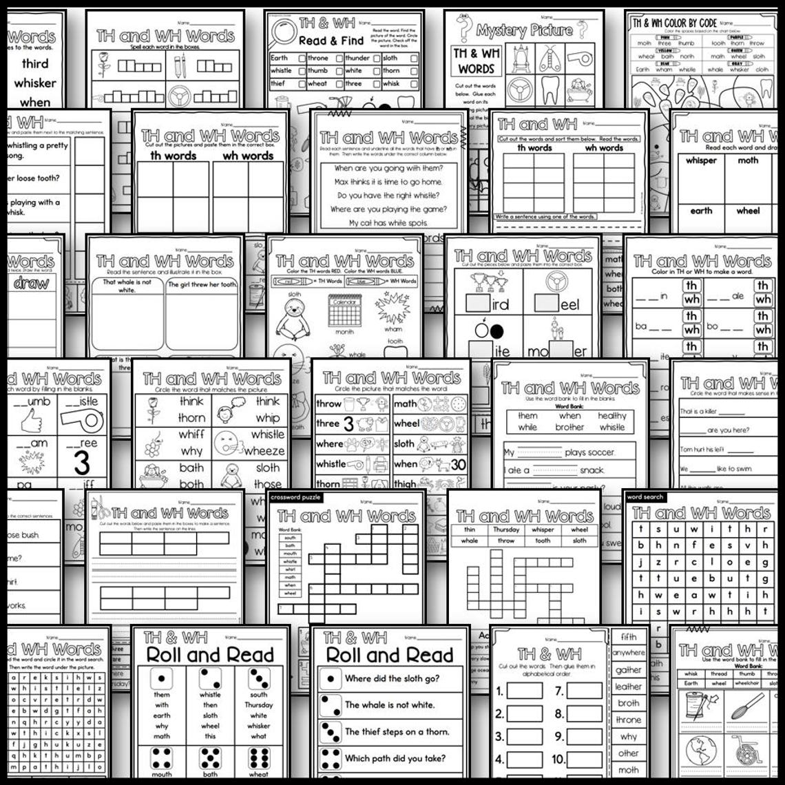 WH and TH Worksheets: Cut and Paste Sorts, Cloze, Read and Draw ...