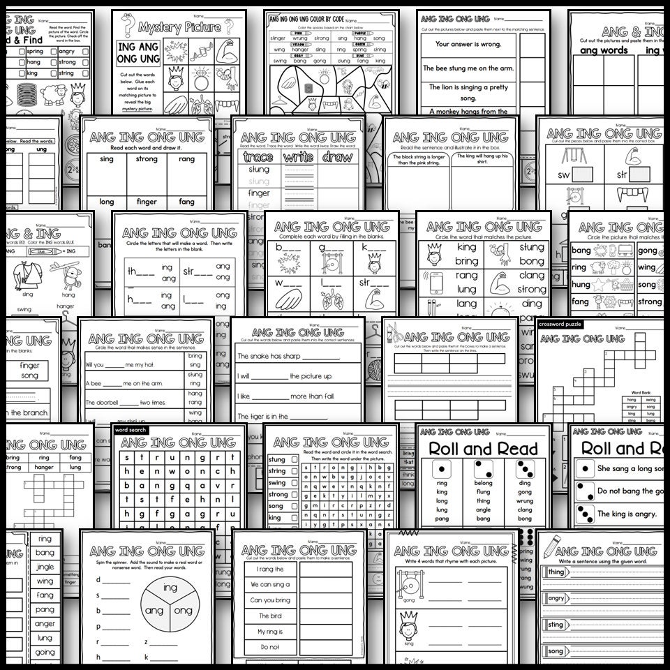 Ing Ang Ong and Ung Phonics Worksheets: Printable First Grade Word ...