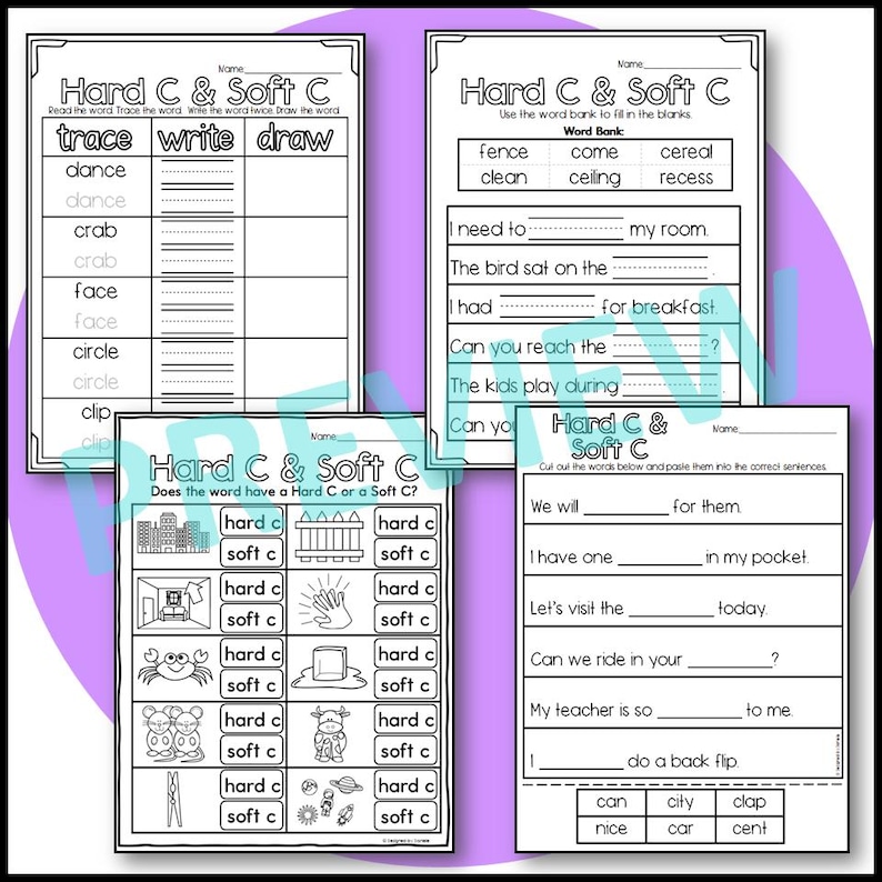 Hard and Soft C Worksheets: Cut Paste Sorts, Cloze, I Spy, Matching ...