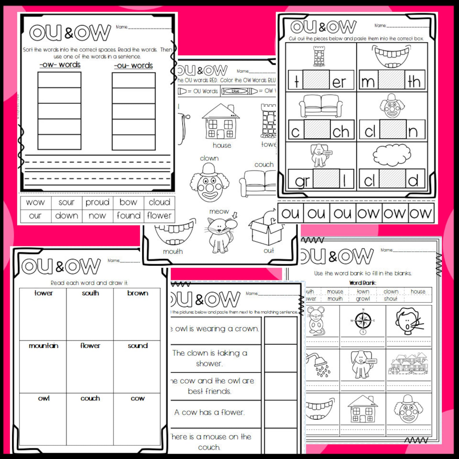 OU and OW Worksheets: Cut and Paste Sorts Cloze Read and - Etsy