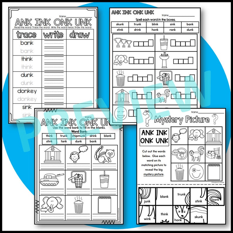 Ank, Ink, Onk, and Unk Worksheets: Cut and Paste Sorts, Cloze, Read ...