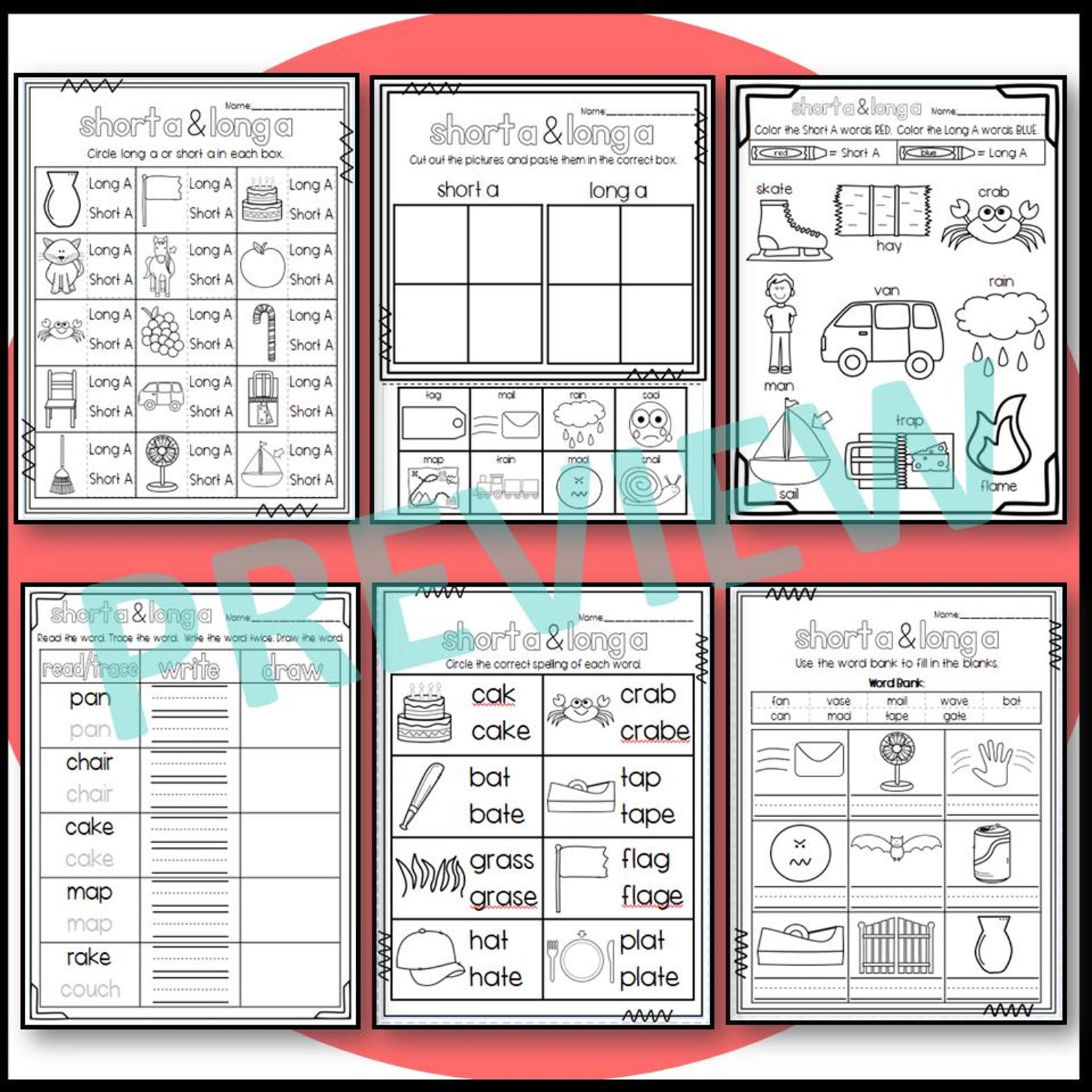 Long A and Short A Worksheets: Cut and Paste Sorts, Cloze, and More ...