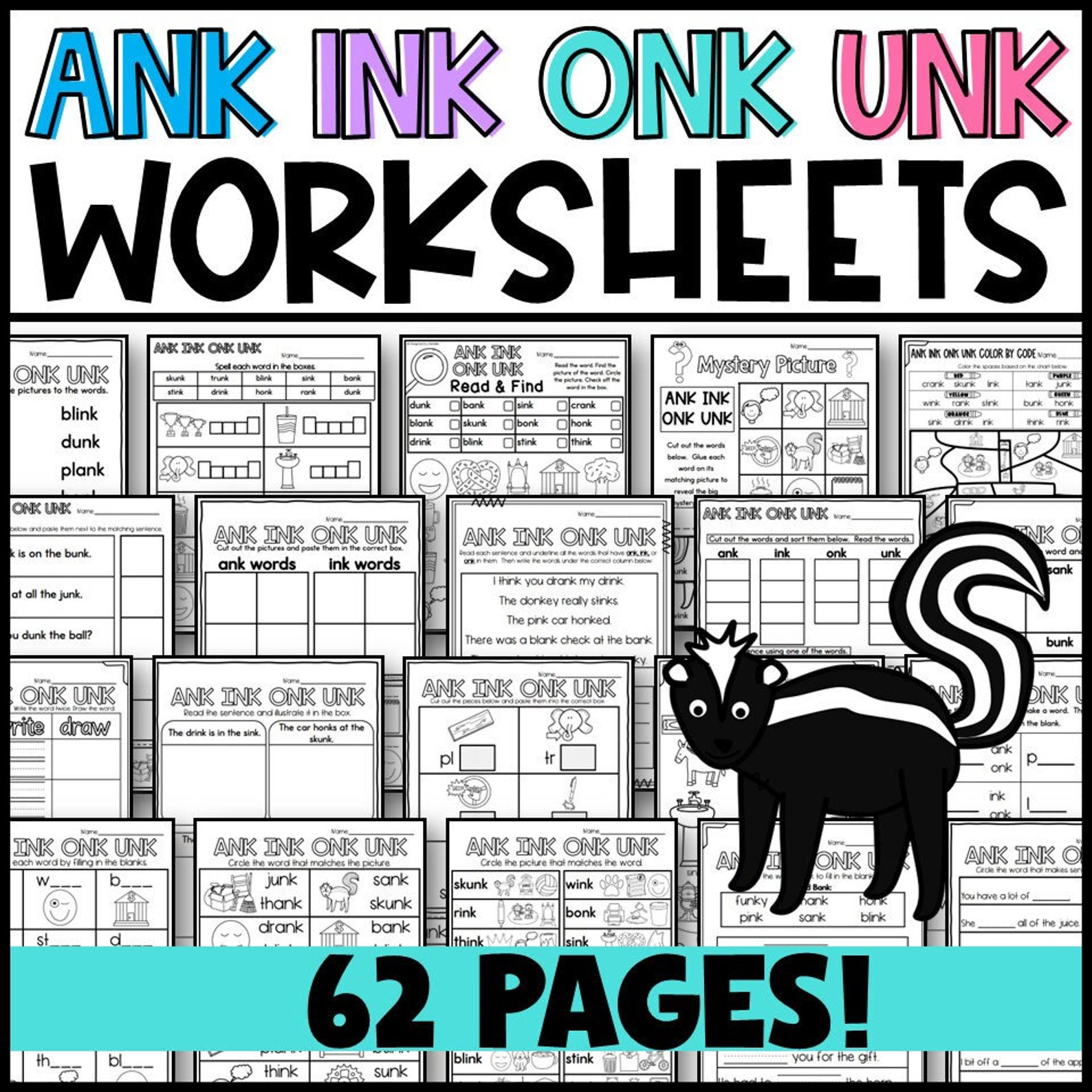 Ank, Ink, Onk, and Unk Worksheets: Cut and Paste Sorts, Cloze, Read ...