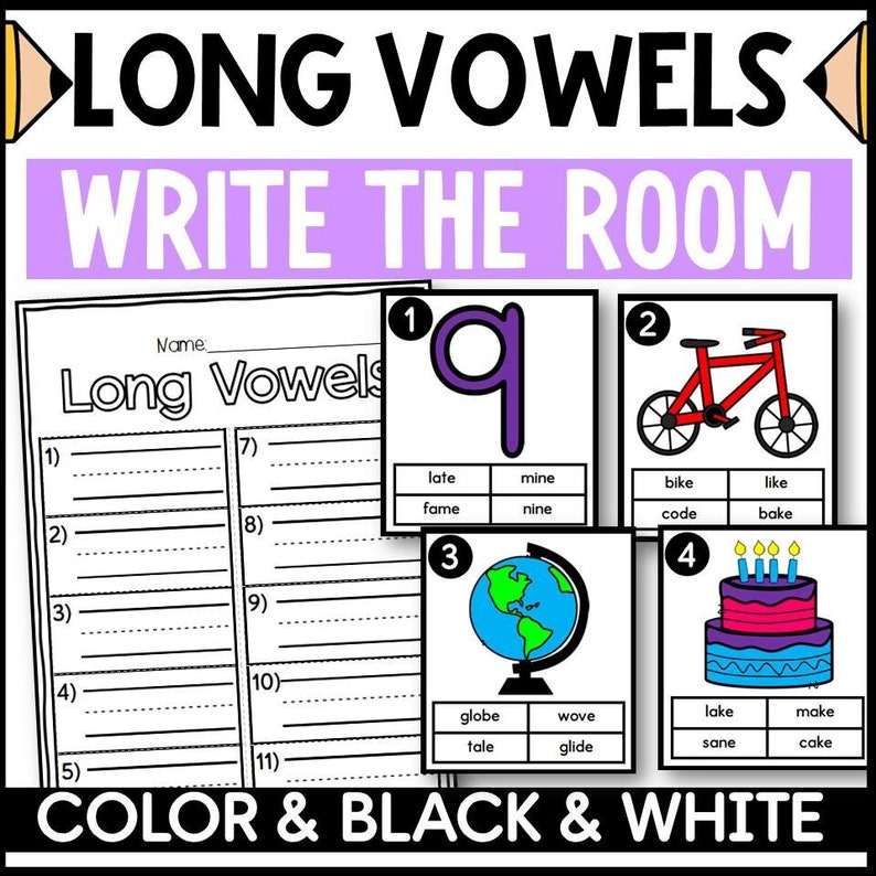 Long Vowel Write the Room: Long Vowels With a Silent E Task Cards ...