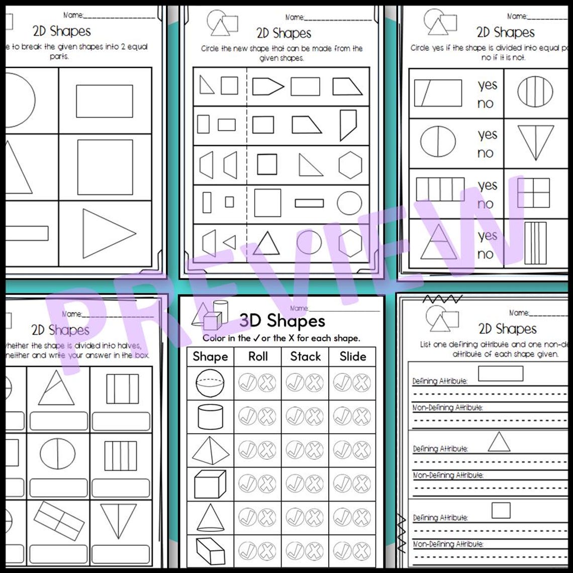 2D and 3D Shape Worksheets & Sorts Shape Attributes Halves Fourths ...