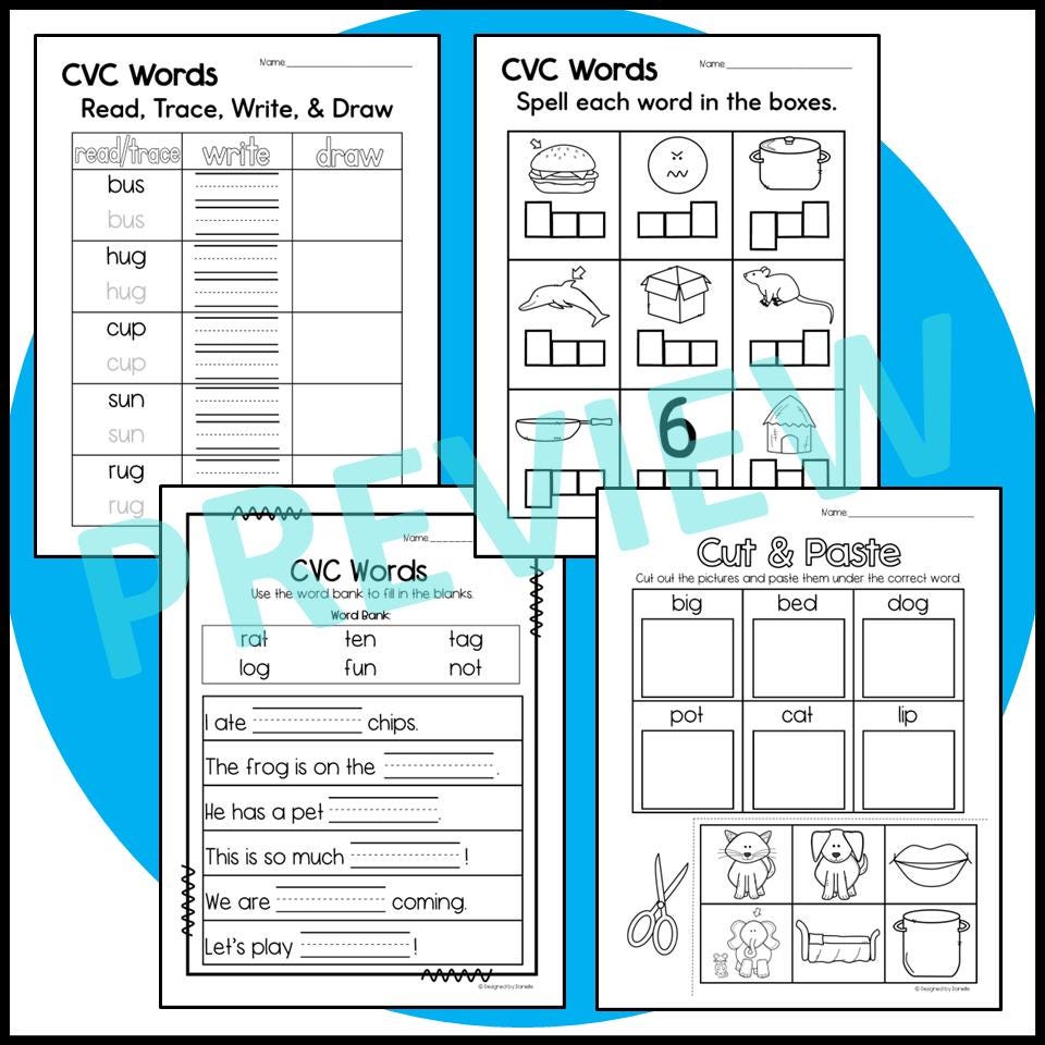 CVC Words Worksheets: Sound Boxes Short Vowels No Prep Short Vowel ...