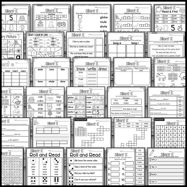 Long Vowel Silent E Worksheets: First Grade Kindergarten Second Grade ...