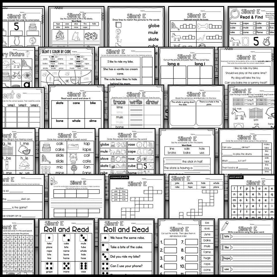 Long Vowel Silent E Worksheets: First Grade Kindergarten Second Grade ...
