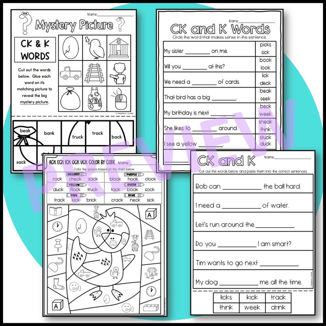 Ending CK and K Worksheets and Sorts, Color by Code, Mystery Pic, Roll ...