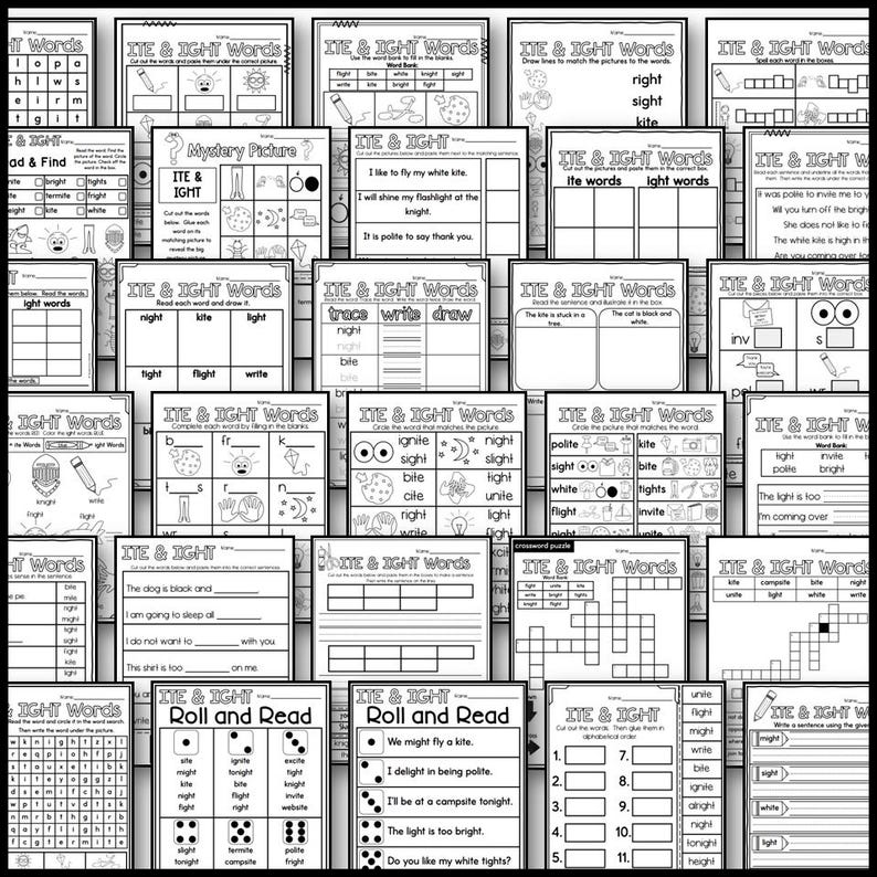 ITE and IGHT Worksheets: Picture & Word Sorts, Cloze, Matching, Mystery ...