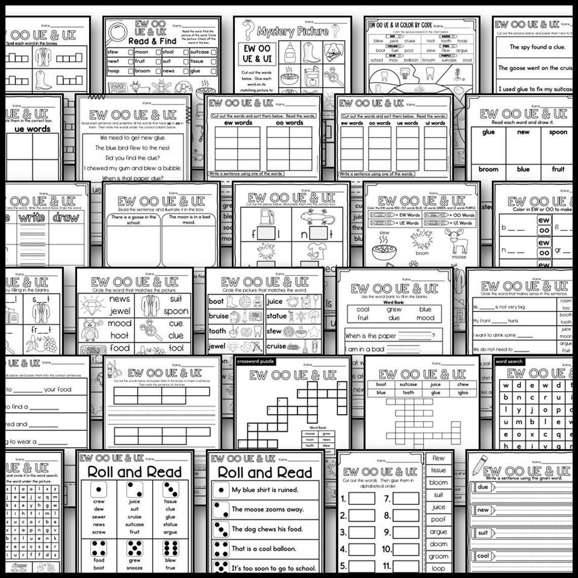 Ew Oo Ue and Ui Worksheets: Word & Picture Sorts, Color by Code, I Spy ...
