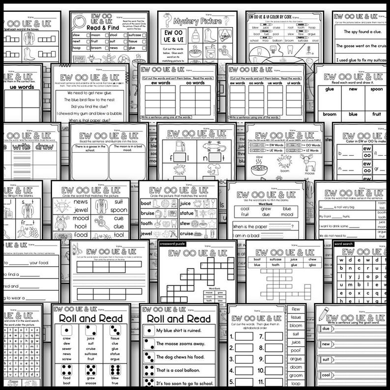 Ew Oo Ue and Ui Worksheets: Word & Picture Sorts, Color by Code, I Spy ...