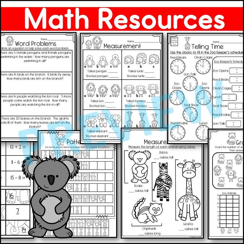 Zoo Day Themed Activities and Worksheets: Back to School Review Math ...