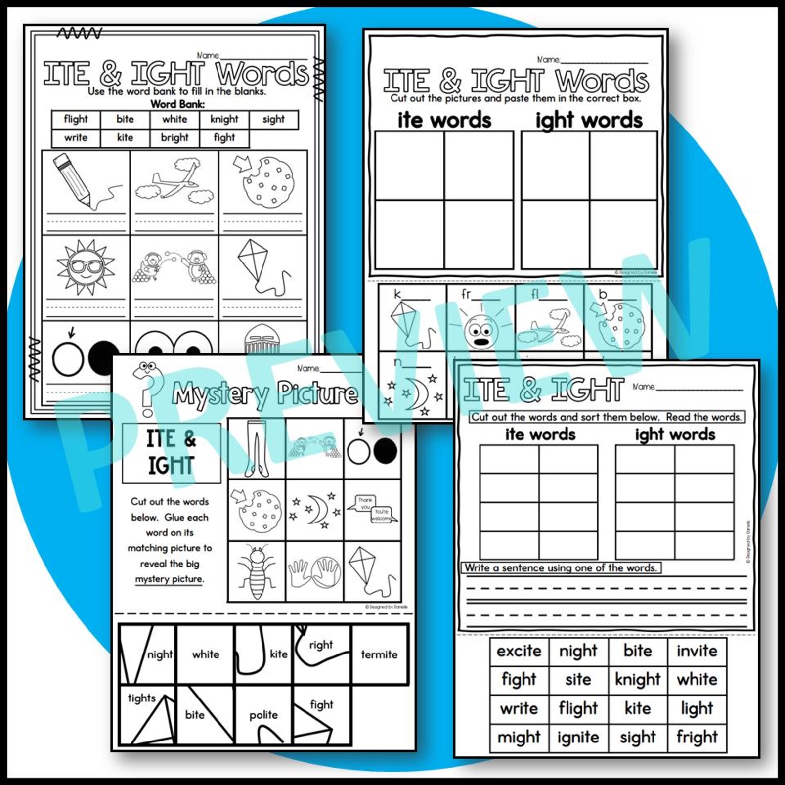 ITE and IGHT Worksheets: Picture & Word Sorts, Cloze, Matching, Mystery ...