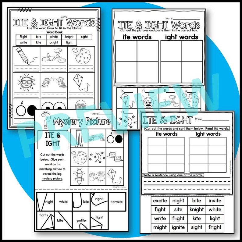 ITE and IGHT Worksheets: Picture & Word Sorts, Cloze, Matching, Mystery ...
