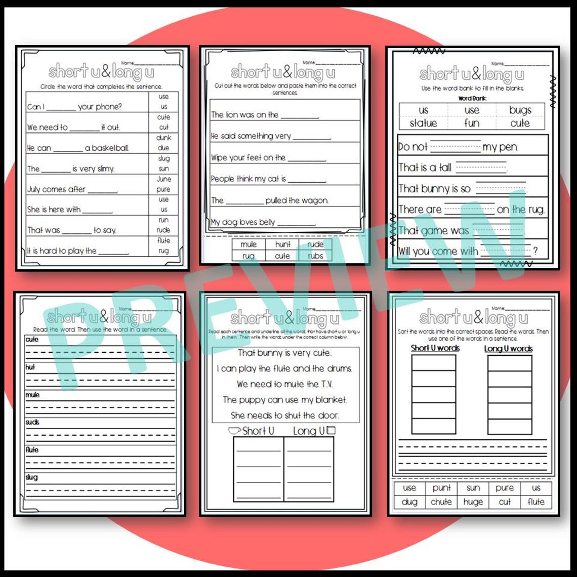 Long U and Short U Worksheets: Cut and Paste Sorts, Cloze, Read and ...