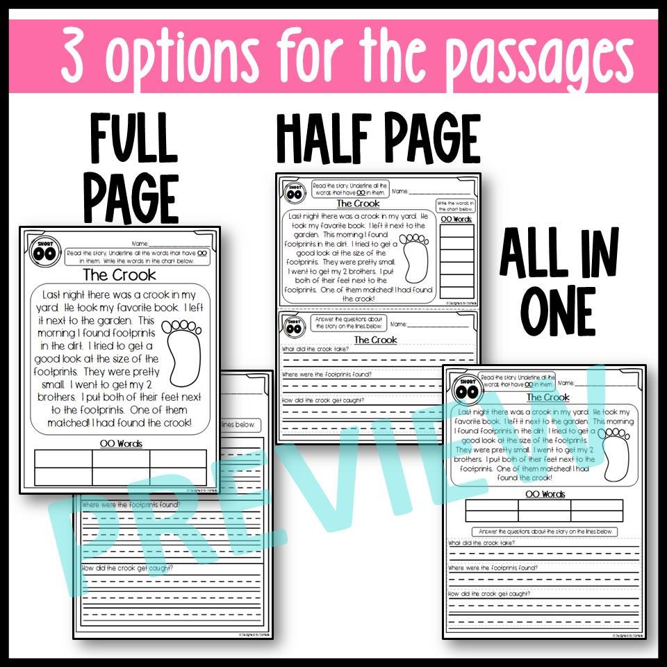 OO Sound Reading Passages With Comprehension Questions for Kindergarten ...