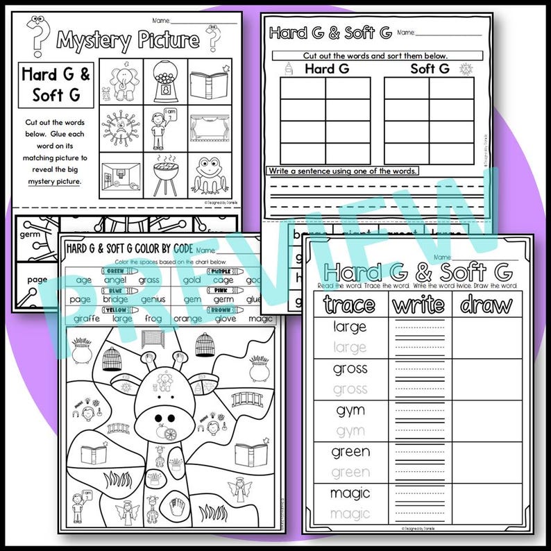 Hard and Soft G Worksheets: Sorts, Cloze, Mystery Picture, Color by ...