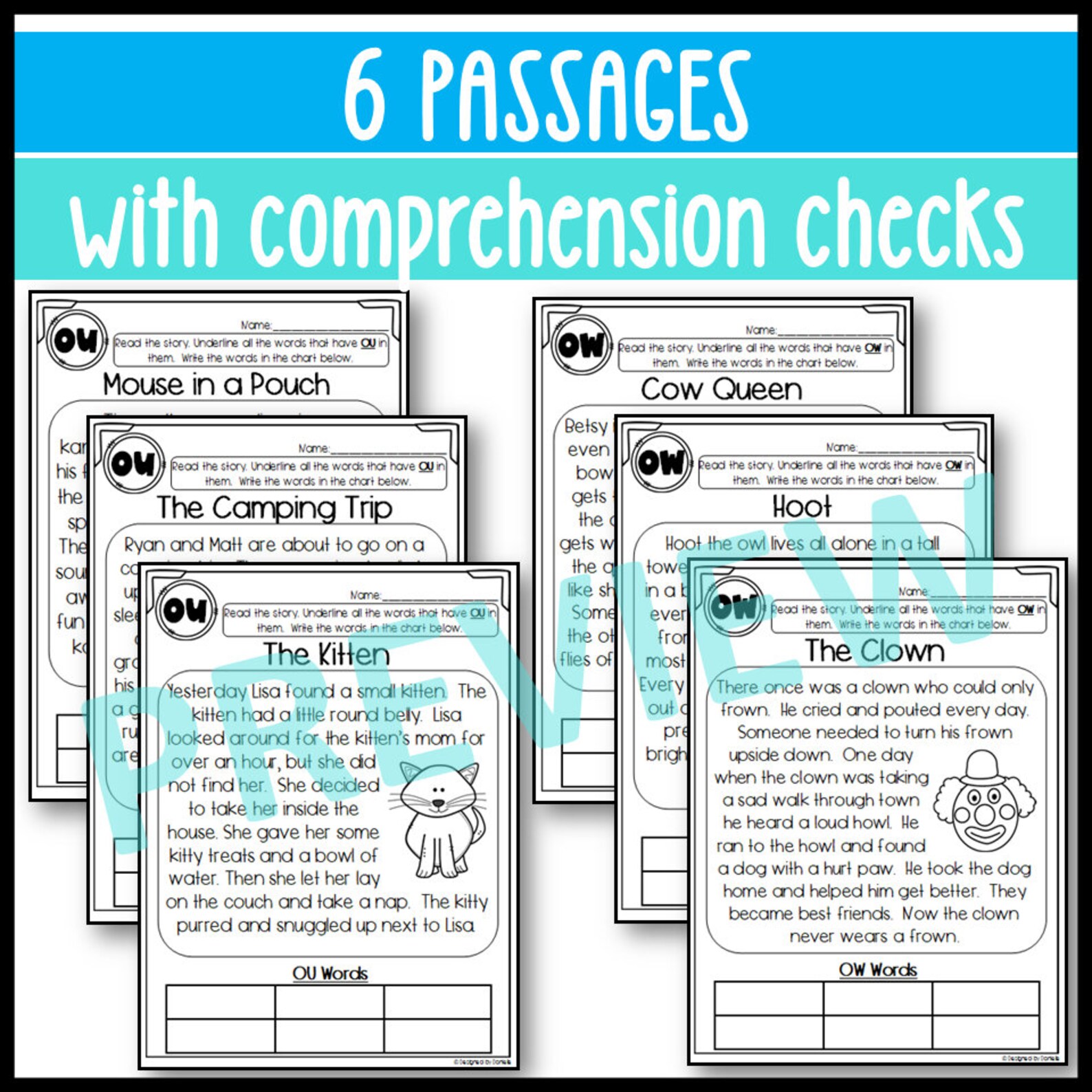 OU and OW Passages: First Grade Reading Worksheets. PDF Download - Etsy