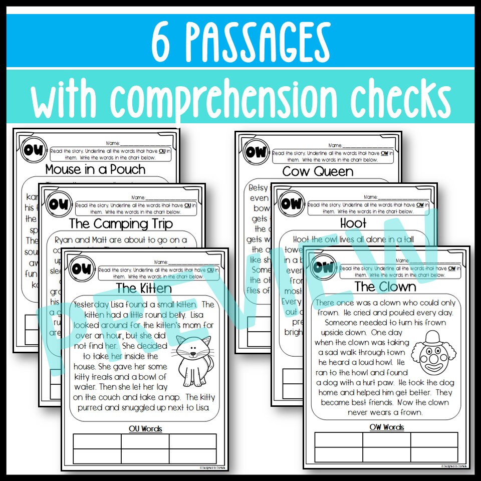 OU and OW Passages: First Grade Reading Worksheets. PDF Download - Etsy
