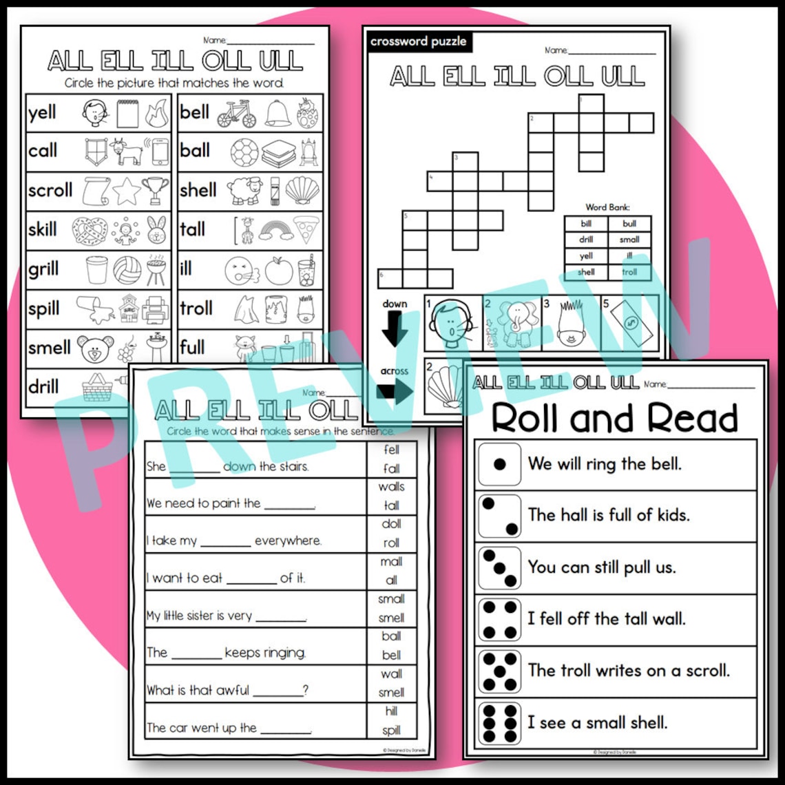 All, Ell, Ill, Oll, Ull Words Worksheets: Cut and Paste Sorts, Cloze ...