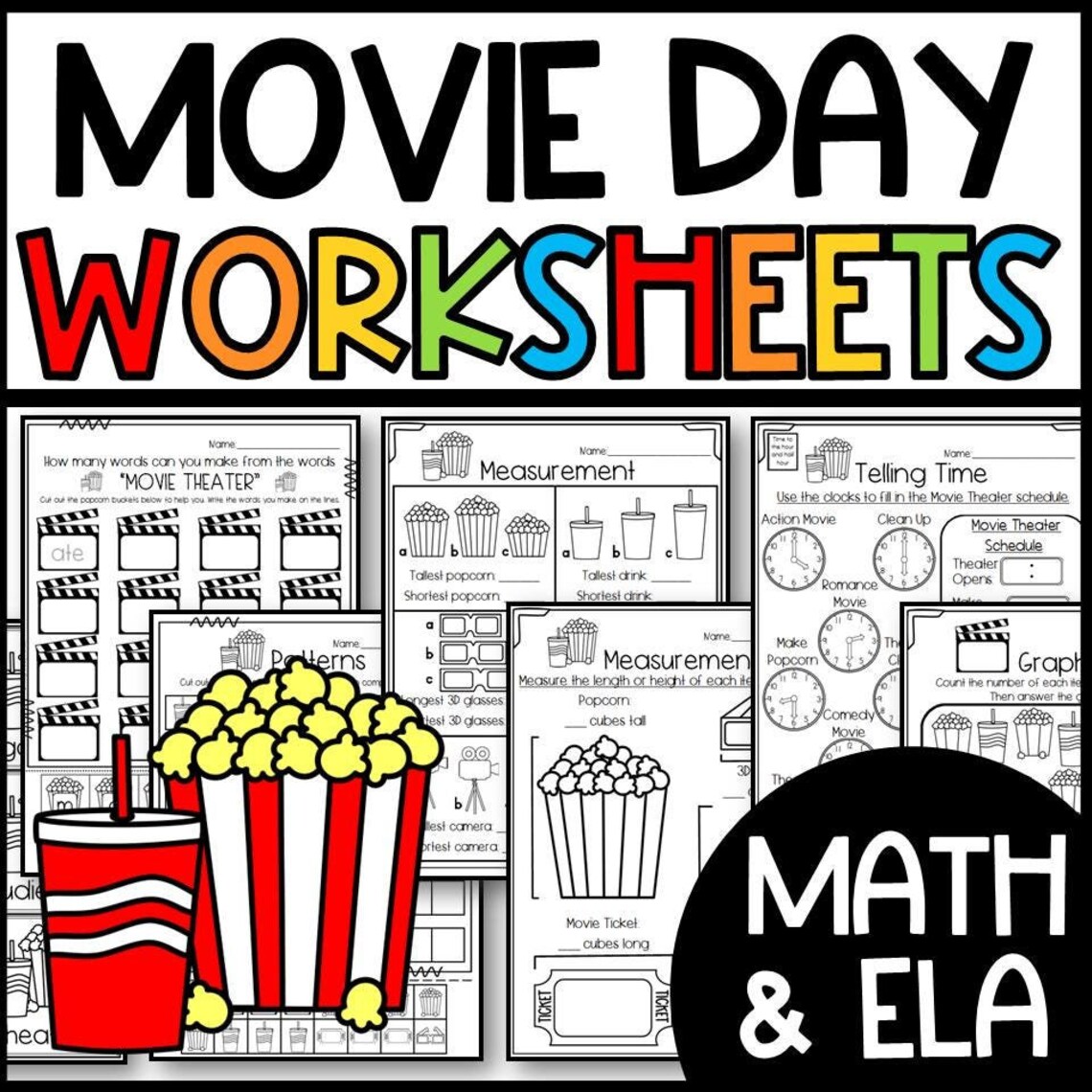 Movie Day Themed Activities and Worksheets: Back to School Review Math ...