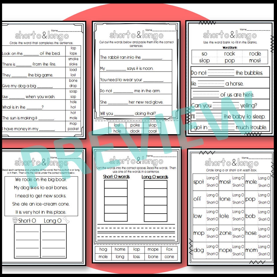 Long O and Short O Worksheets: Cut and Paste Sorts, Cloze, Read and ...