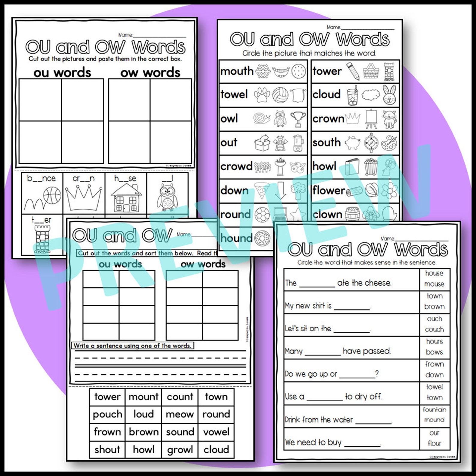 OU and OW Worksheets: Cut and Paste Sorts, Cloze, Read and Draw First ...