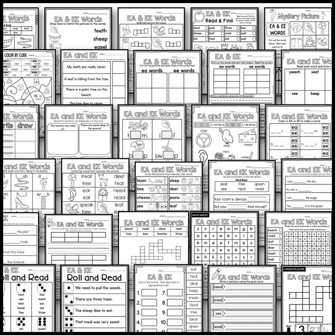 EE and EA Worksheets and Sort, Color by Code, Matching, Cloze, Roll and ...