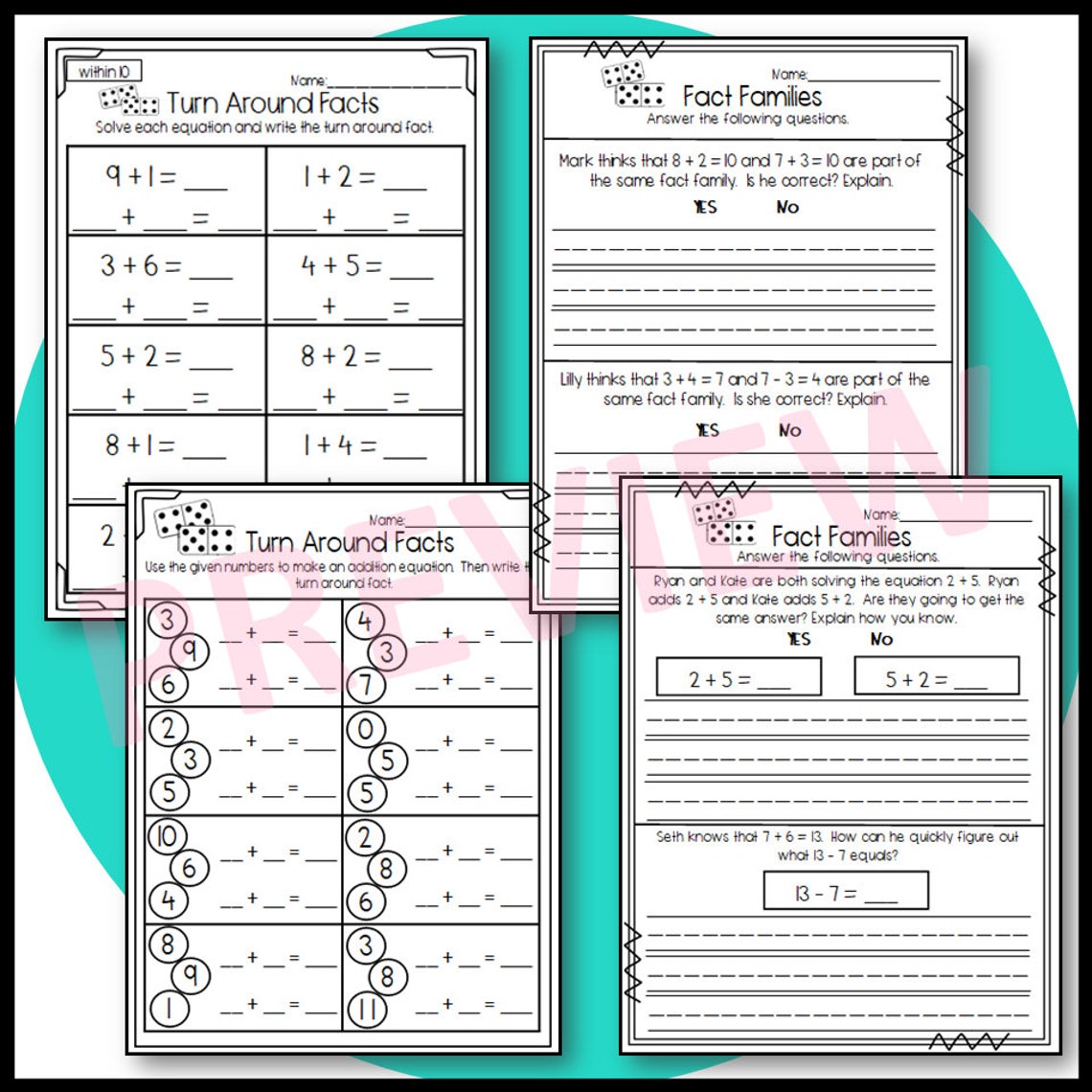 Turn Around Fact and Fact Family Worksheets: First and Second Grade ...