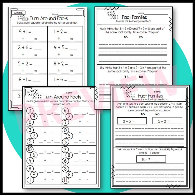 Turn Around Fact and Fact Family Worksheets: First and Second Grade ...