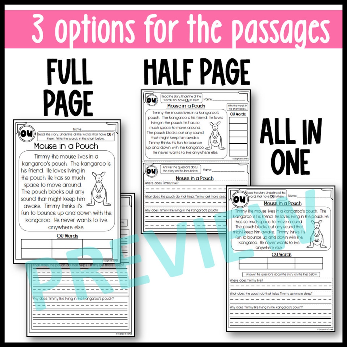 OU and OW Passages: First Grade Reading Worksheets. PDF Download - Etsy