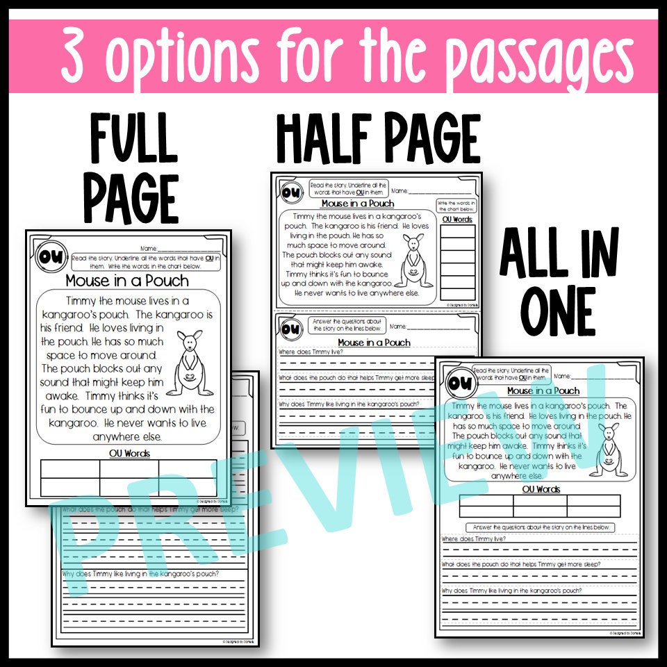 OU and OW Passages: First Grade Reading Worksheets. PDF Download - Etsy