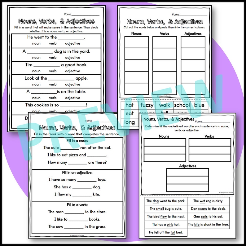 Nouns, Verbs, and Adjectives Sorts and Worksheets: Printable Sheets ...