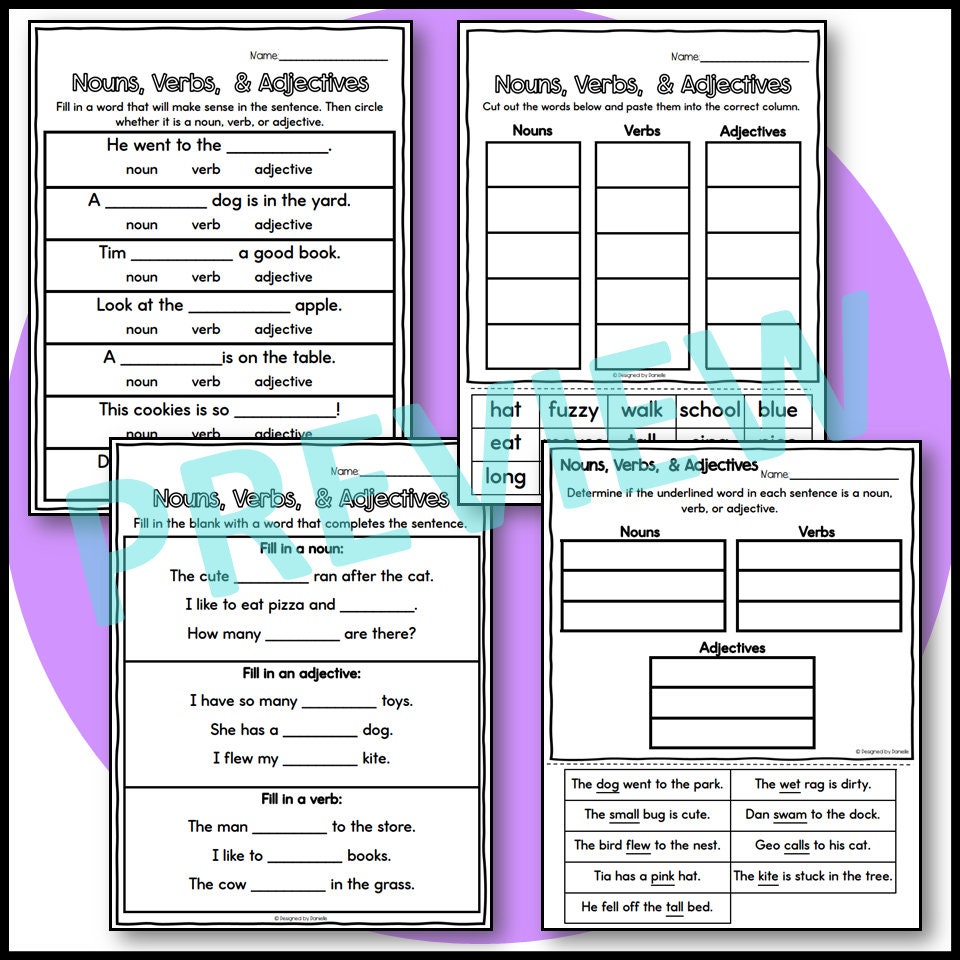 Nouns, Verbs, and Adjectives Sorts and Worksheets: Printable Sheets ...