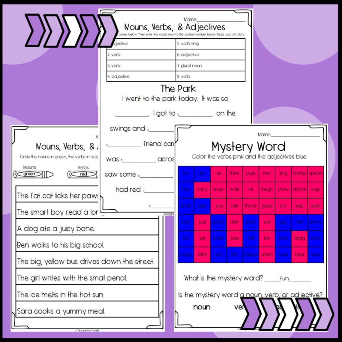 Nouns Verbs and Adjectives Sorts and Worksheets: Printable - Etsy