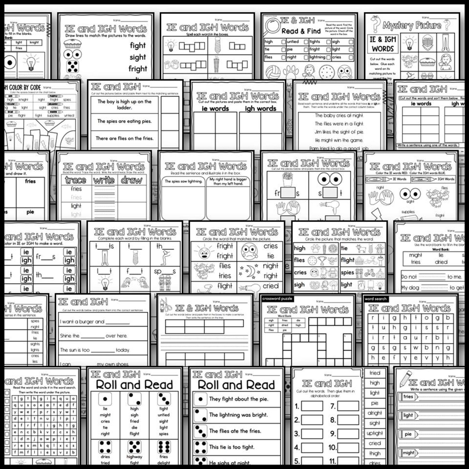 IE and IGH Worksheets: Long I Sorts, Cloze, I Spy, Color by Code ...