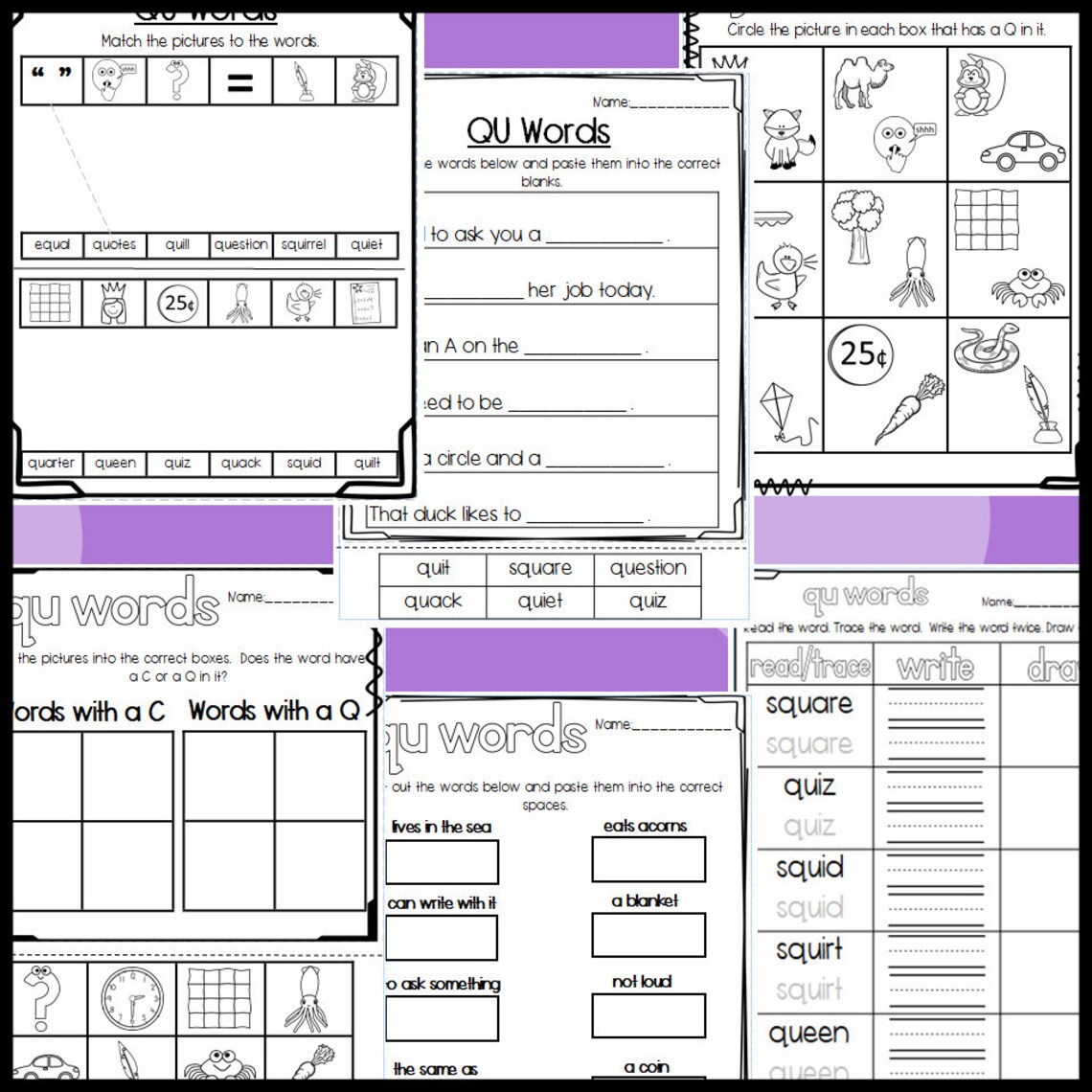 QU Worksheets : Sorts Matching Read and Draw and More - Etsy