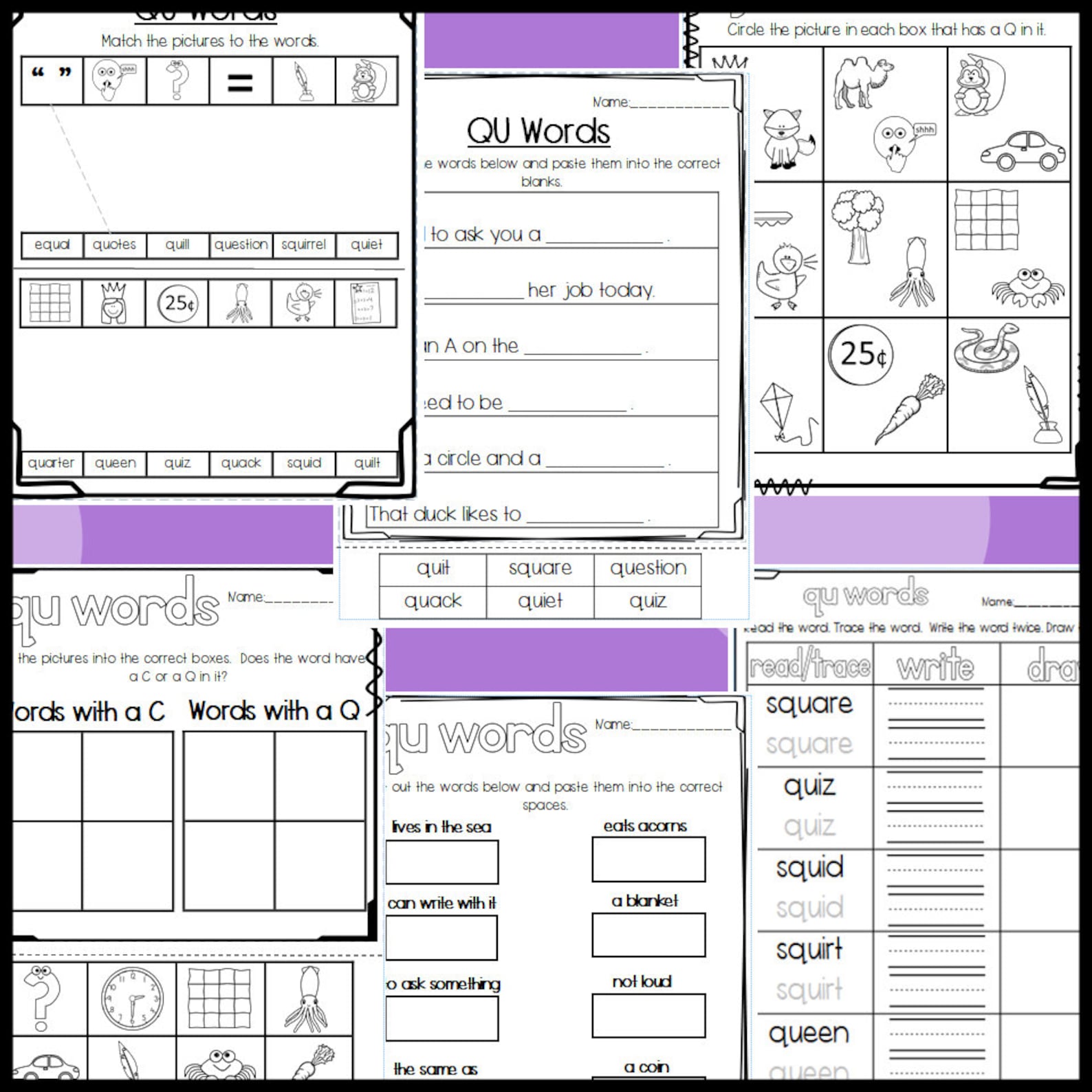 QU Worksheets : Sorts Matching Read and Draw and More - Etsy