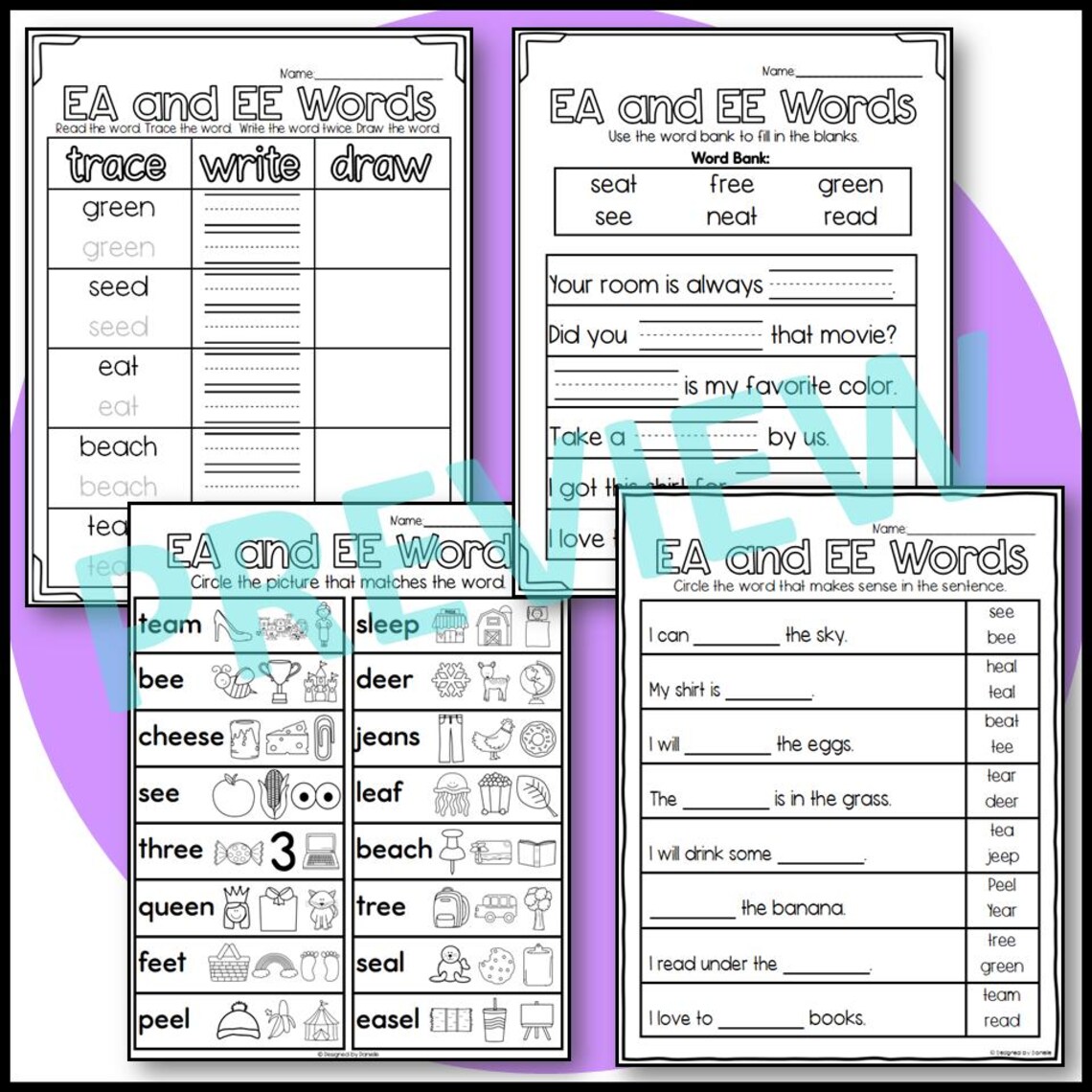 EE and EA Worksheets and Sort, Color by Code, Matching, Cloze, Roll and ...