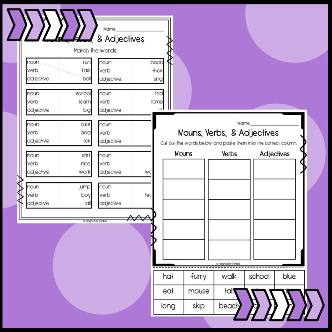Nouns, Verbs, and Adjectives Sorts and Worksheets: Printable Sheets ...