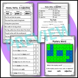 Nouns, Verbs, and Adjectives Sorts and Worksheets: Printable Sheets ...