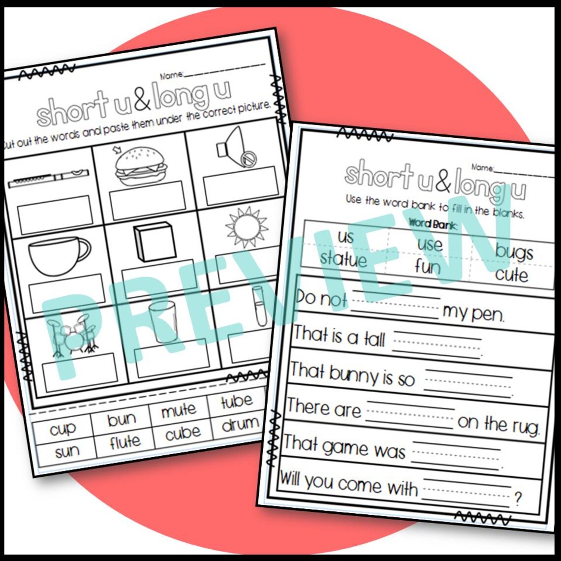 Long U and Short U Worksheets: Cut and Paste Sorts, Cloze, Read and ...