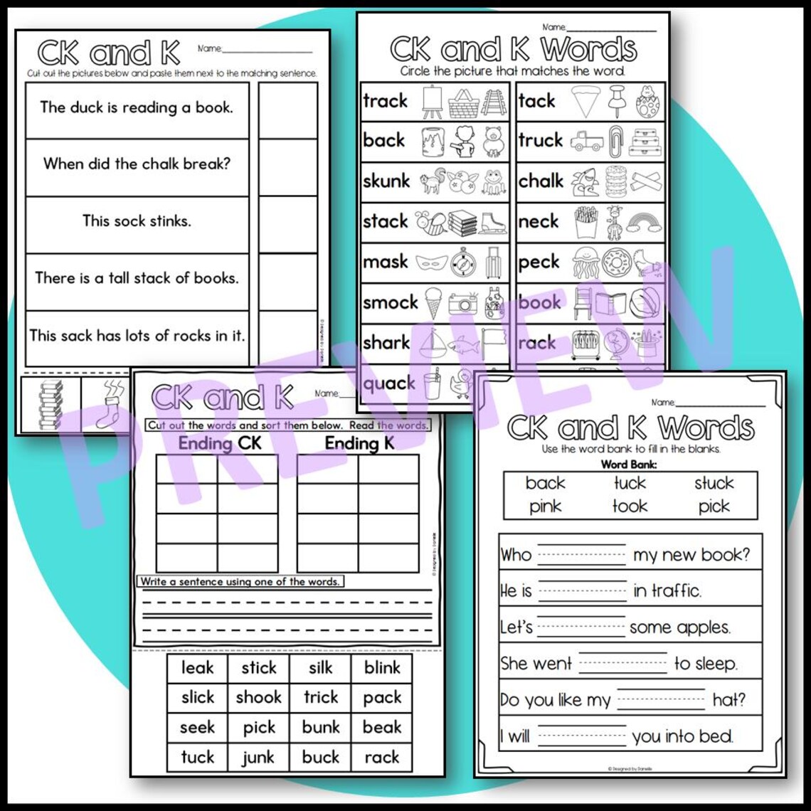 Ending CK and K Worksheets and Sorts, Color by Code, Mystery Pic, Roll ...