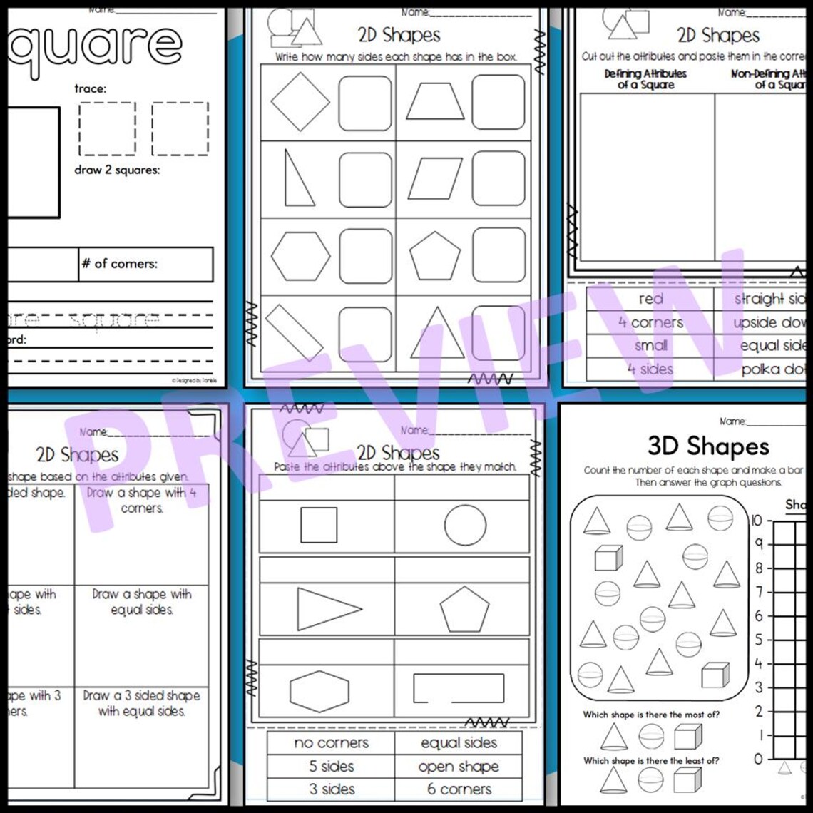 2D and 3D Shape Worksheets & Sorts Shape Attributes Halves Fourths ...