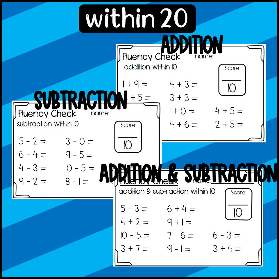 Addition And Subtraction Fluency Checks Within 10 And Within 20 Worksheet Download Pdf Etsy
