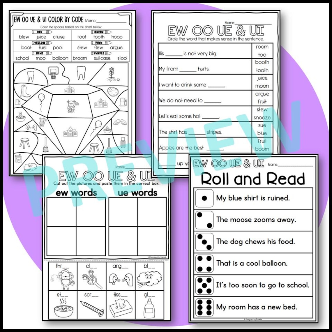 Ew Oo Ue and Ui Worksheets: Word & Picture Sorts, Color by Code, I Spy ...